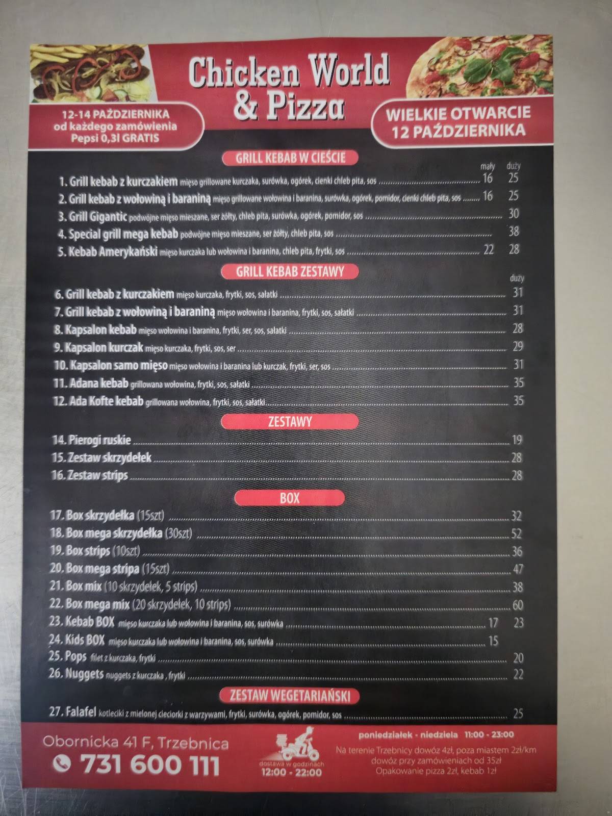 Menu at Chicken World restaurant, Trzebnica
