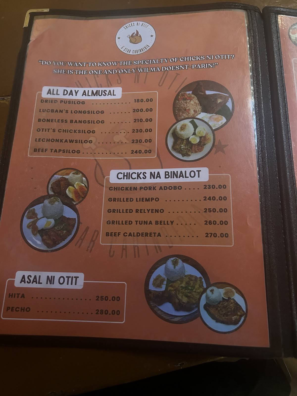 Menu at Chicks ni Otit restaurant, General Trias