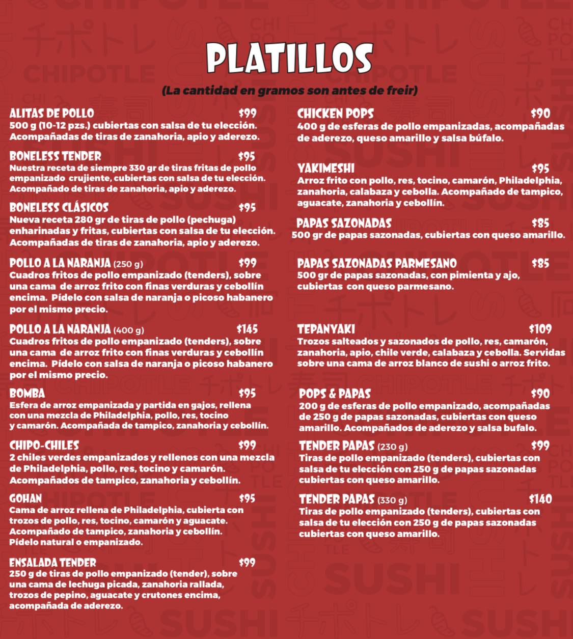 Carta del restaurante Chipotle Sushi Villa Bonita, Hermosillo