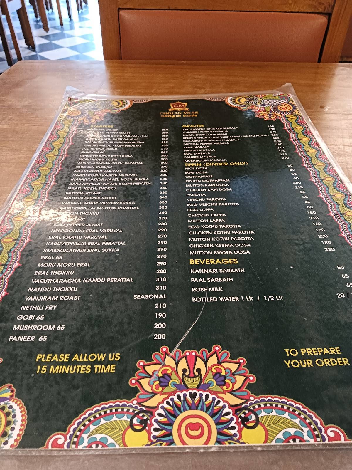 Menu at Cholan Mess, Chennai