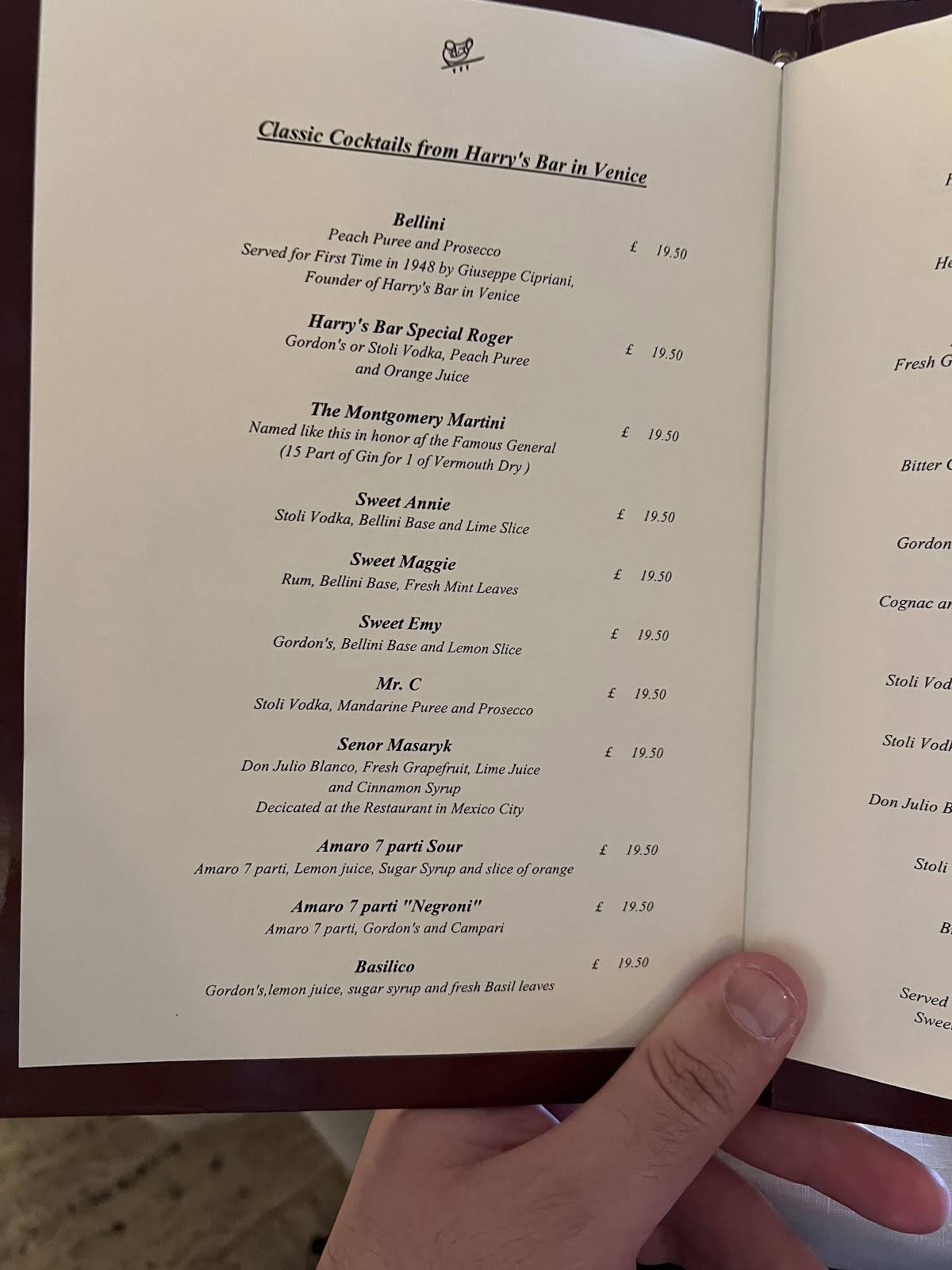 Menu at Cipriani London restaurant, London, 23-25 Davies St
