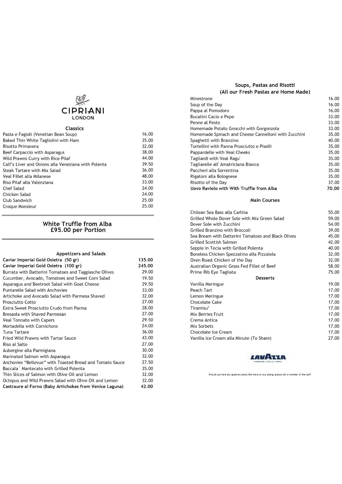 Menu at Cipriani London restaurant, London, 23-25 Davies St