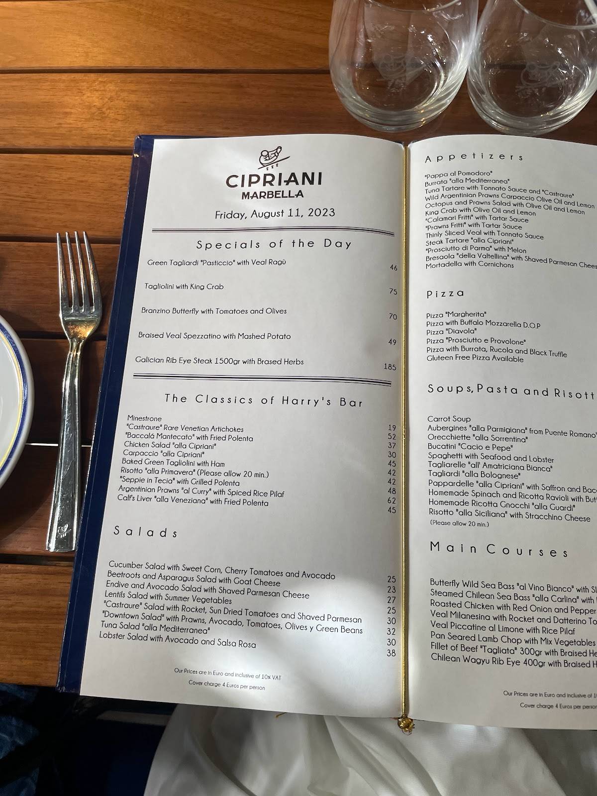 Menu at Cipriani Marbella restaurant, Marbella