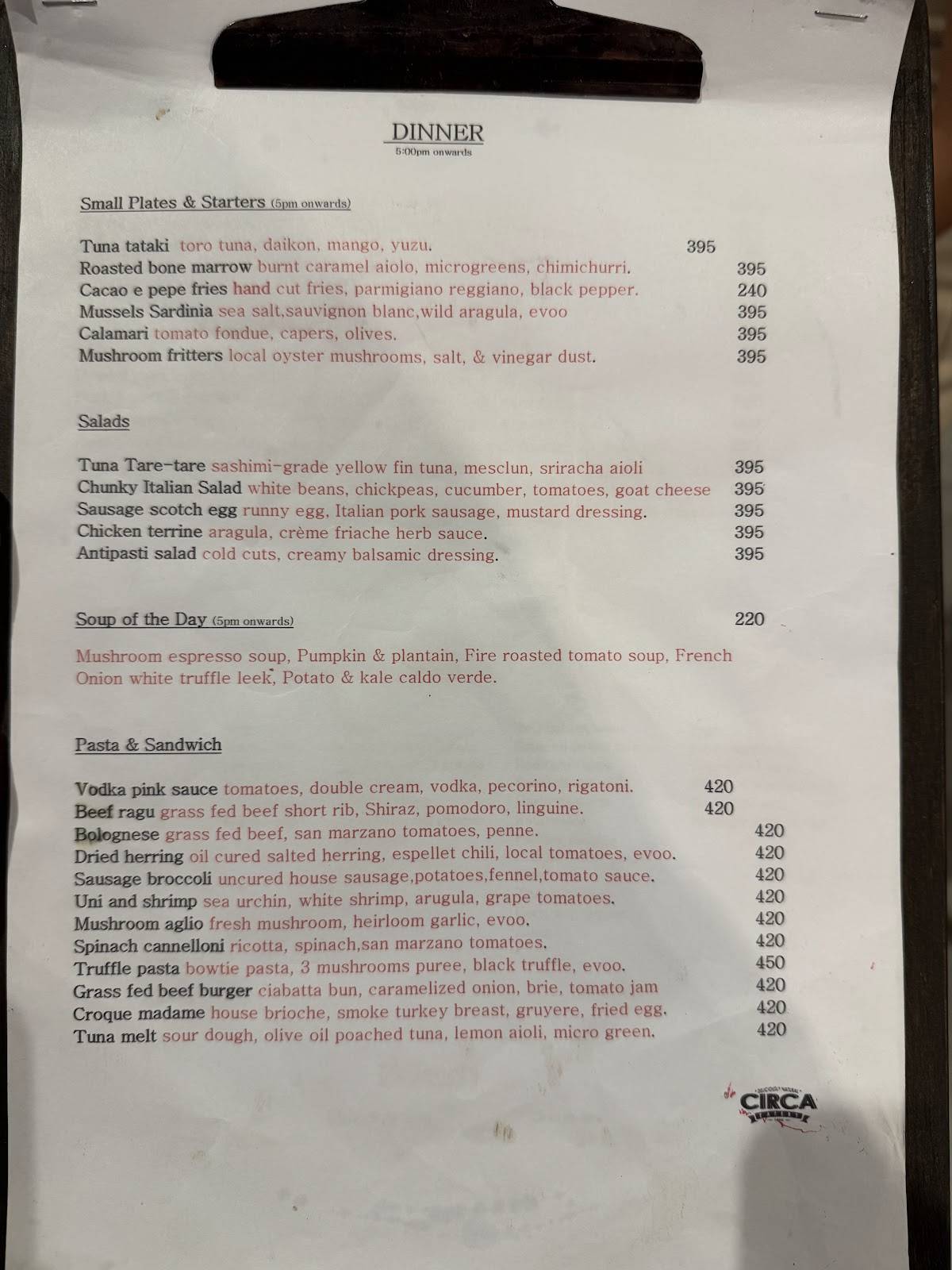 Menu at Circa 1850 restaurant, Cagayan de Oro, 890 Recto Ave