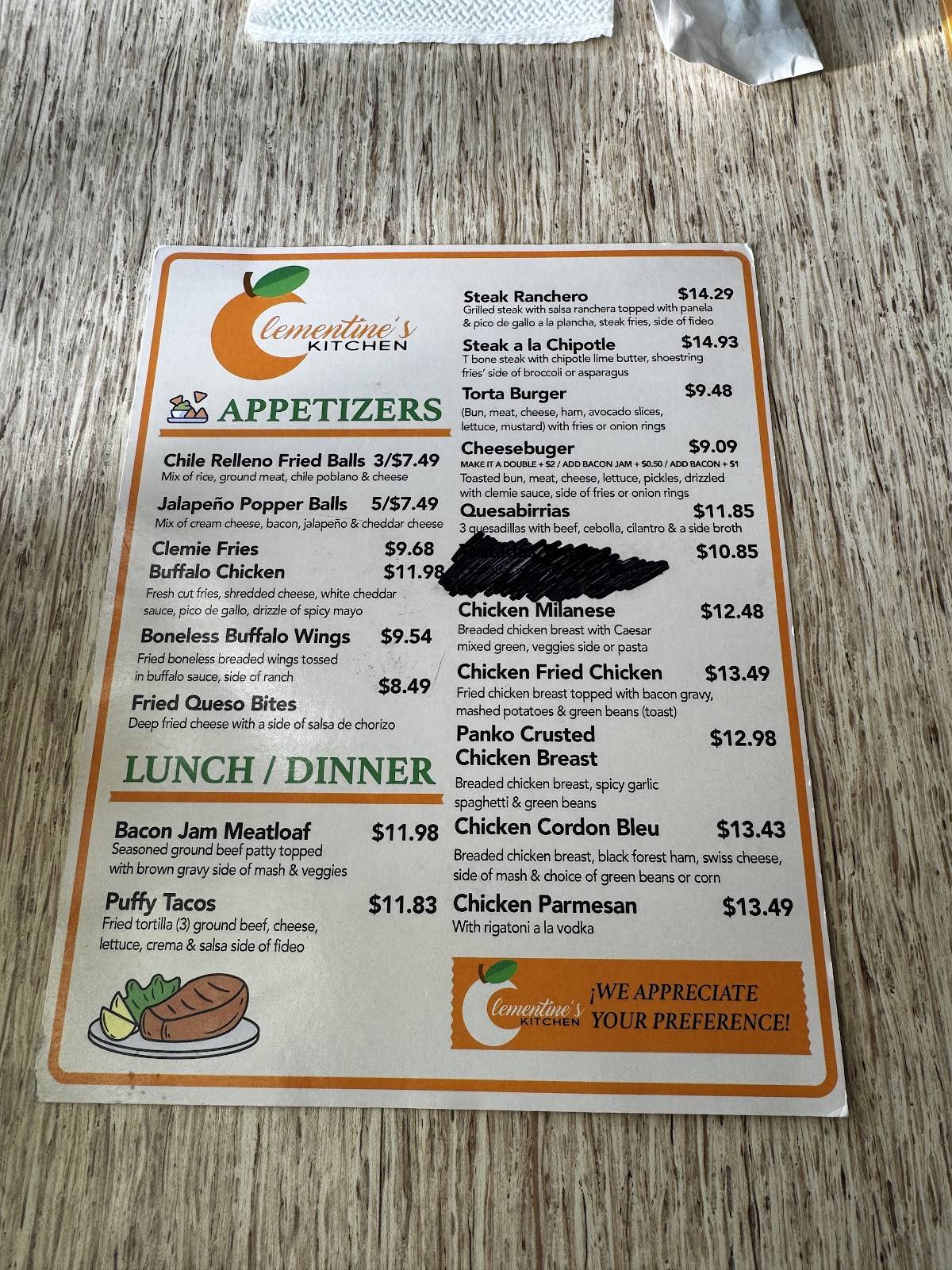 Menu at Clementine's Kitchen restaurant, Laredo