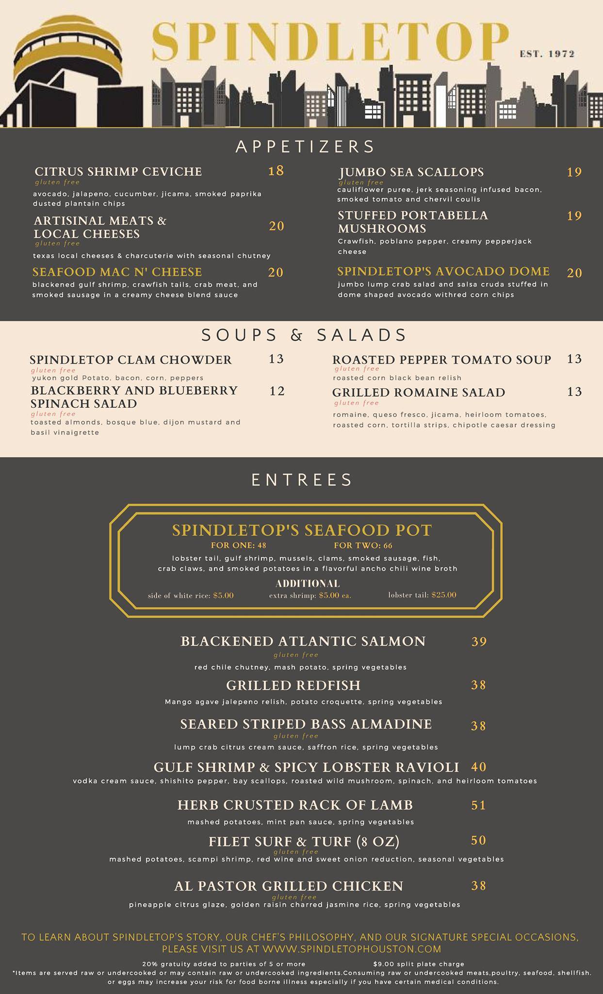 Menu at Spindletop steakhouse, Houston, Louisiana St