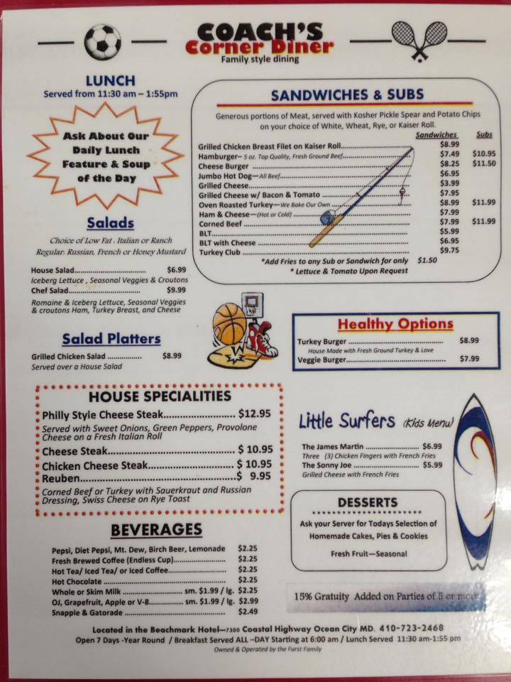 Menu at Coach's Corner restaurant, Ocean City
