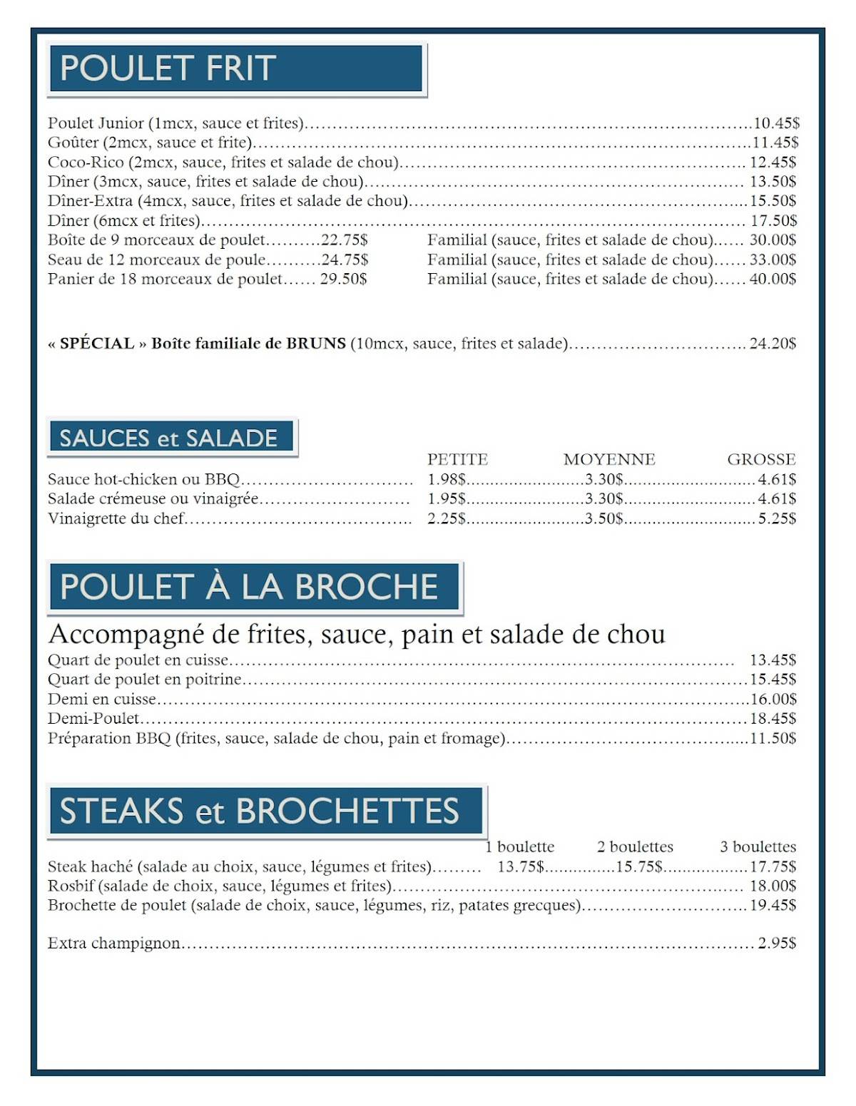 Menu au Restaurant Coco-Rico, Métabetchouan-Lac-à-la-Croix