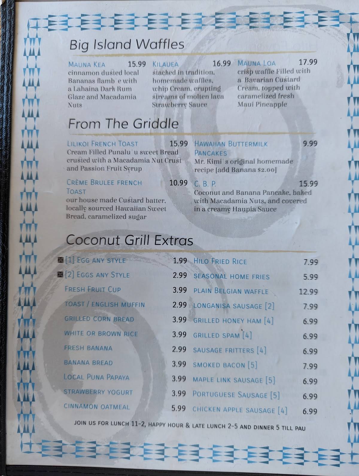 Menu at Coconut Grill restaurant, Hilo