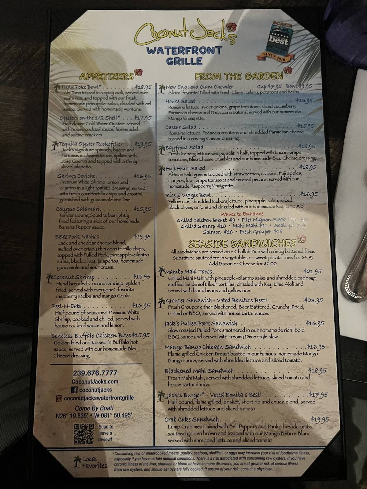 Menu at Coconut Jack's Waterfront Grille restaurant, Bonita Springs