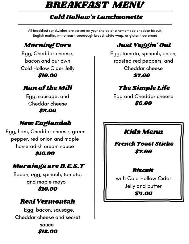 Menu at Cold Hollow Cider Mill cafe, Waterbury Center, Waterbury-Stowe Rd