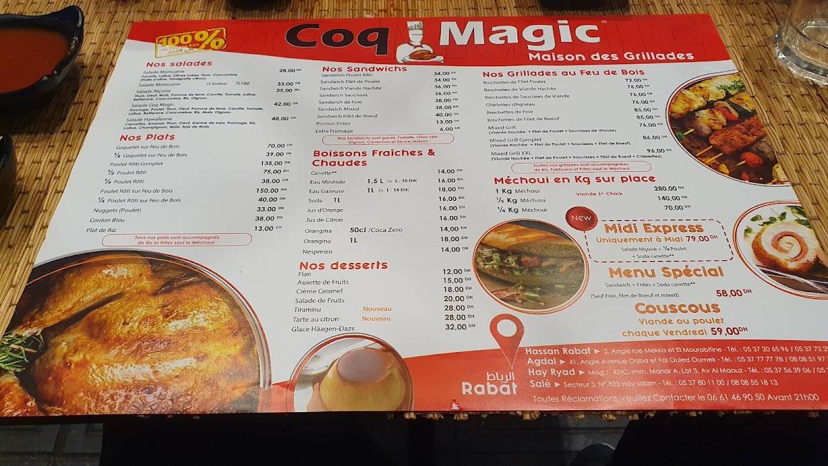Menu au Coq Magic Hassan restaurant, Rabat, Angle Rue Mekka et Rue El ...