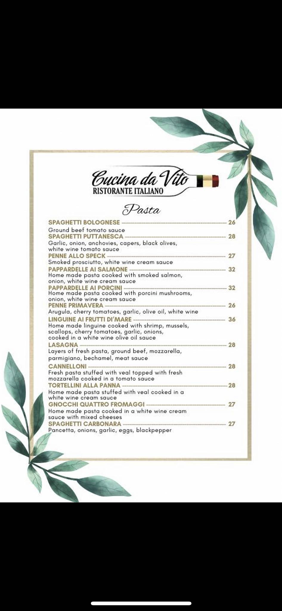 Menu at Cucina da Vito restaurant, Ottawa