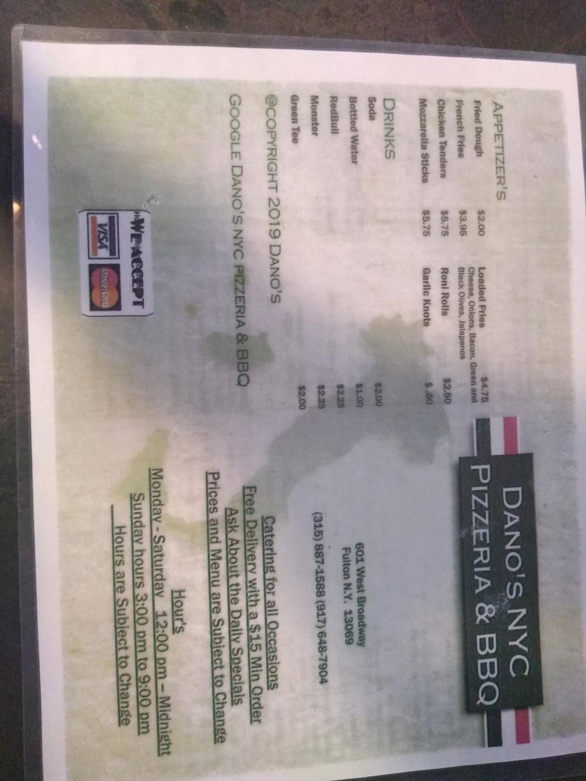 Menu at Dano's NYC pizzeria & BBQ, Fulton
