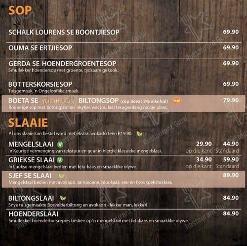 Menu at Bosvelder Pub & Restaurant, Centurion