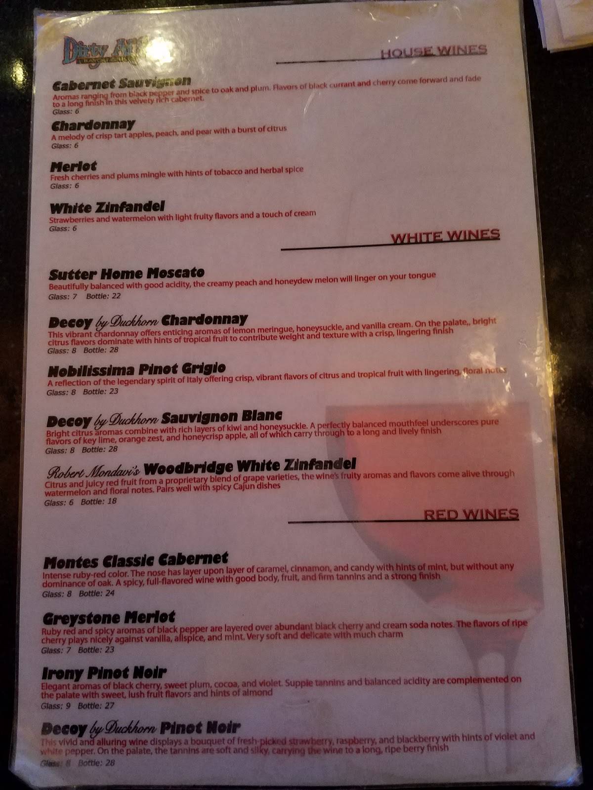 Menu at Dirty Al's Bayou Grill restaurant, McAllen, N 10th St #400