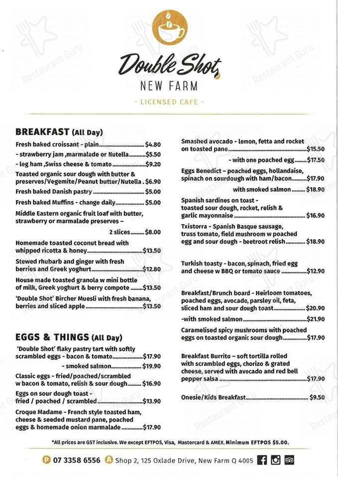 Menu at Double Shot New Farm restaurant, New Farm, 2/125 Oxlade Dr