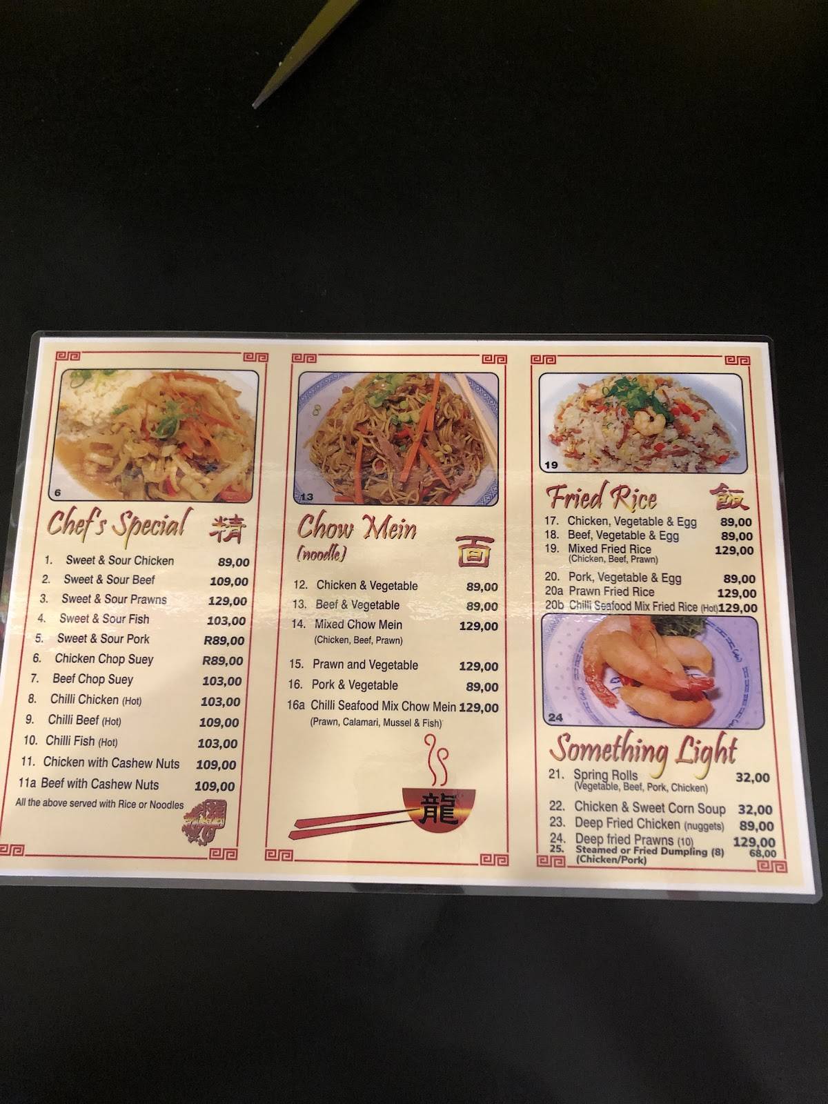 Menu at Dragon's Chinese Food restaurant, Durban
