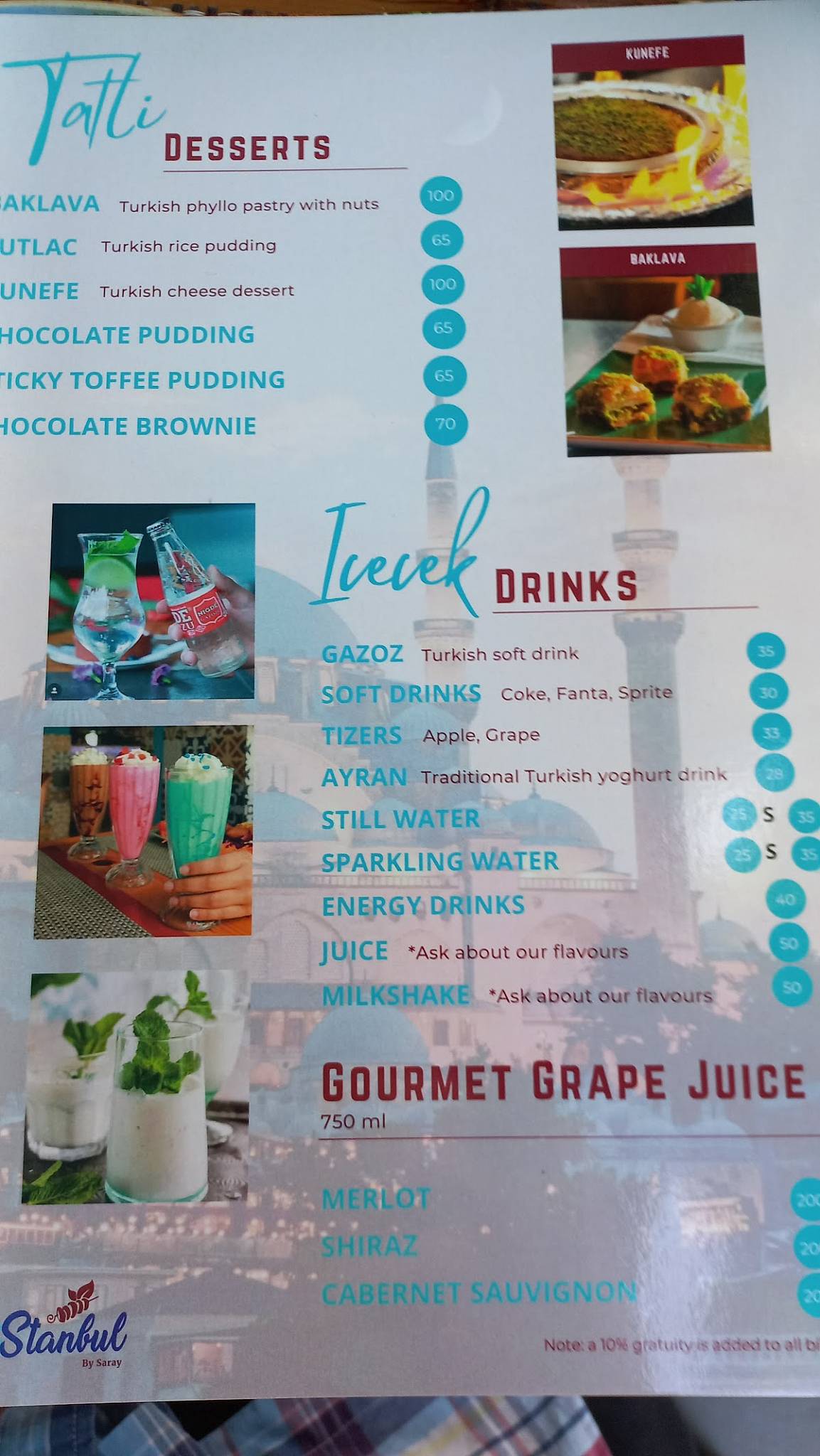 Menu at EatStanbul restaurant, Cape Town