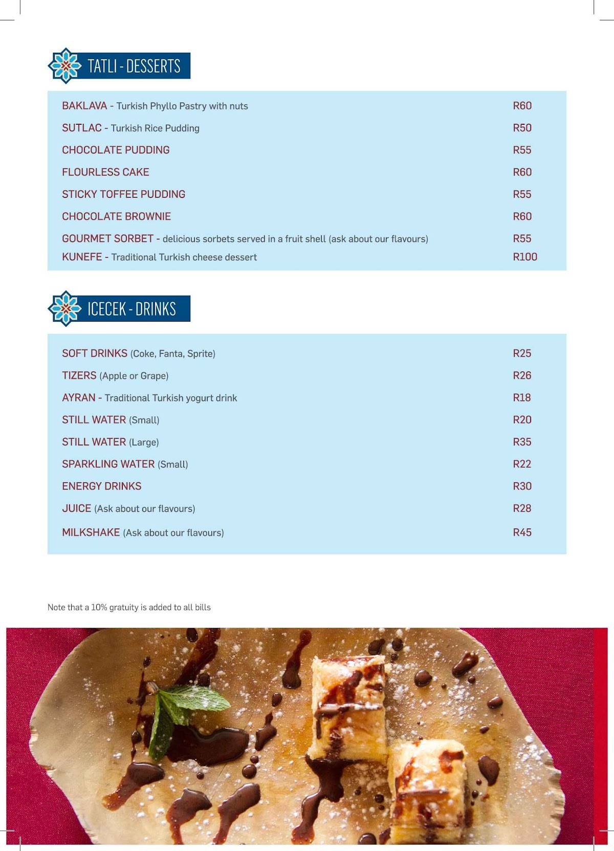 Menu at EatStanbul restaurant, Cape Town