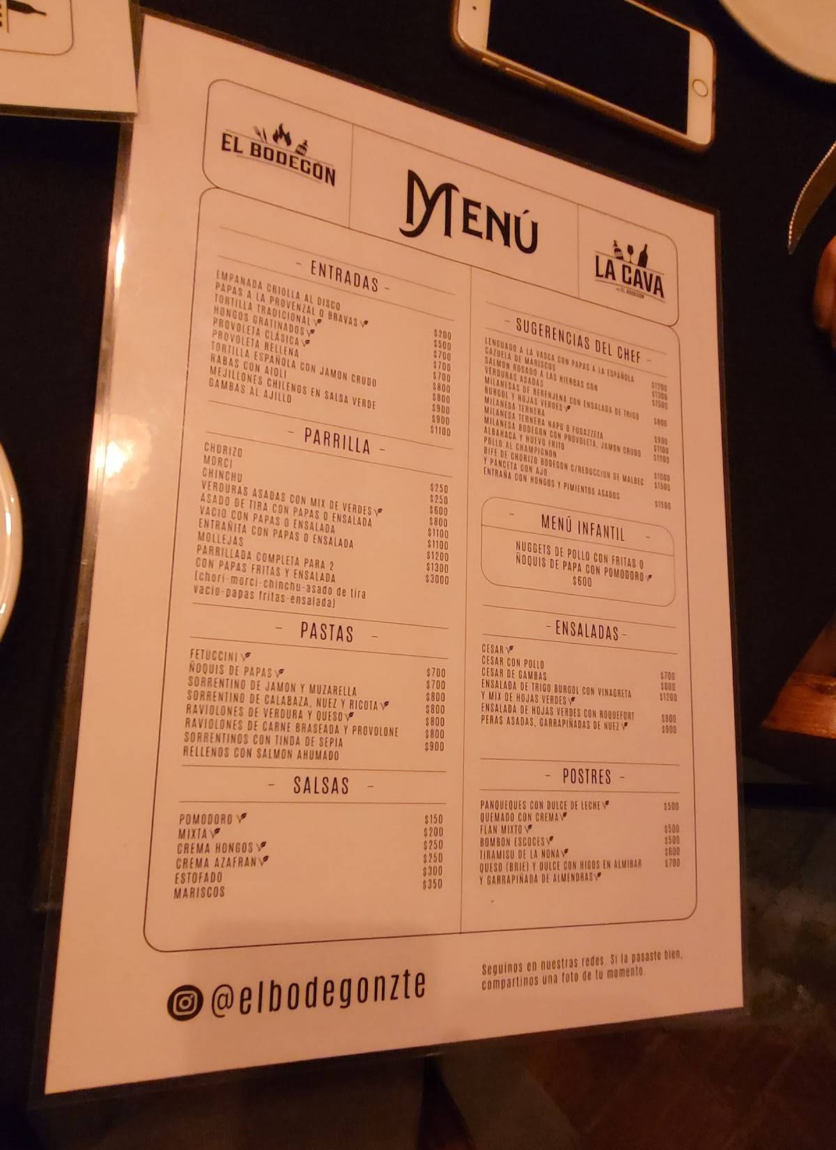 Carta del restaurante El Bodegon, Zarate