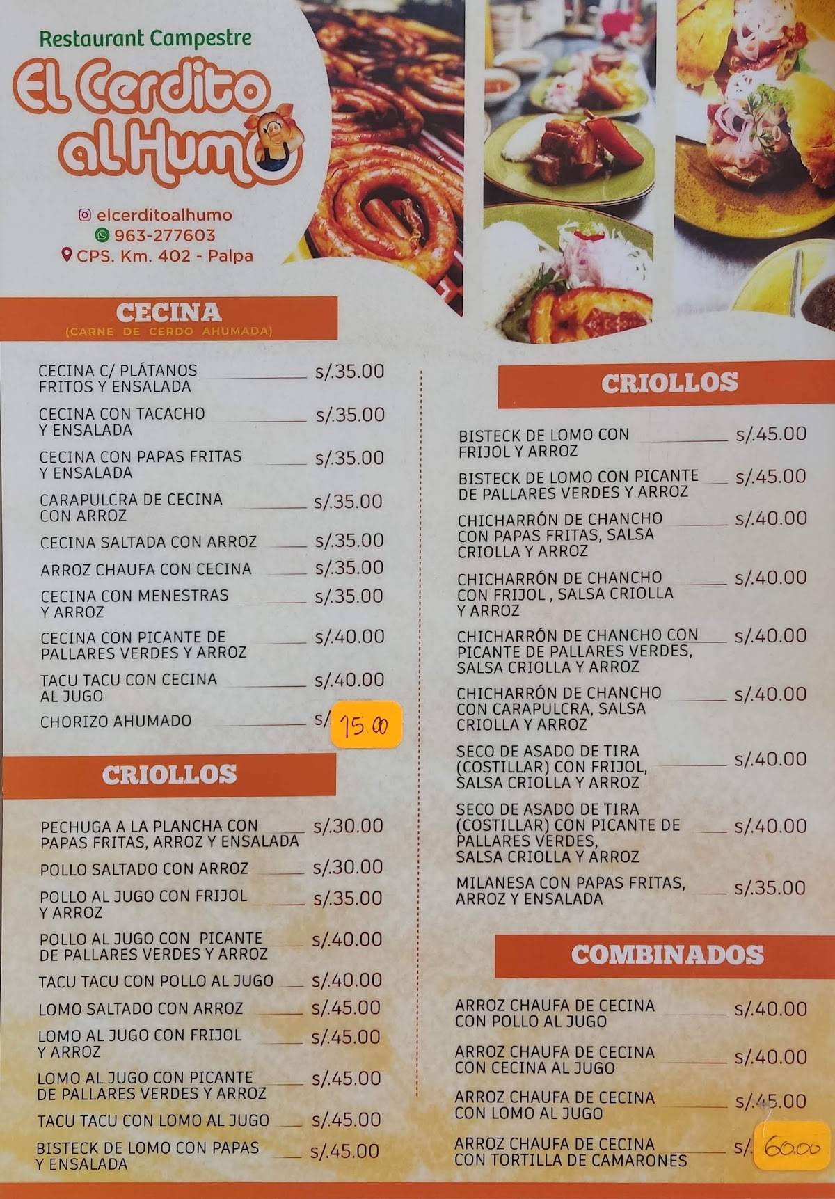 Carta del restaurante El Cerdito al Humo, Palpa