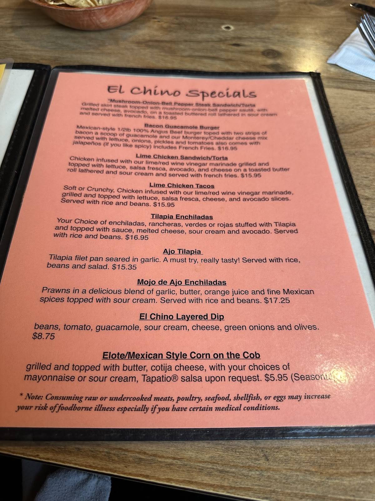 Menu at El Chino Mexican Restaurant, Santa Cruz