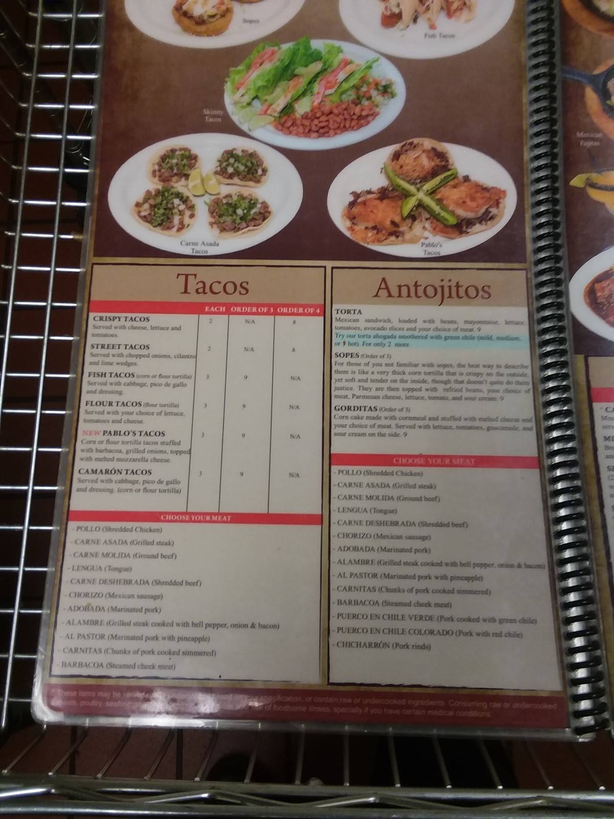 Menu at El Cielo restaurant, Loveland