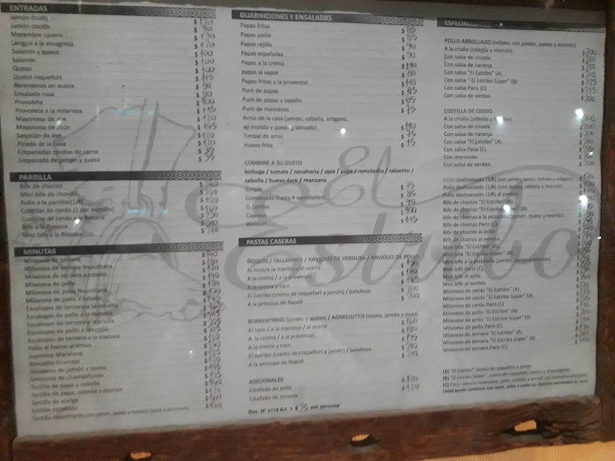 Carta de Restaurant El Estribo, Tandil