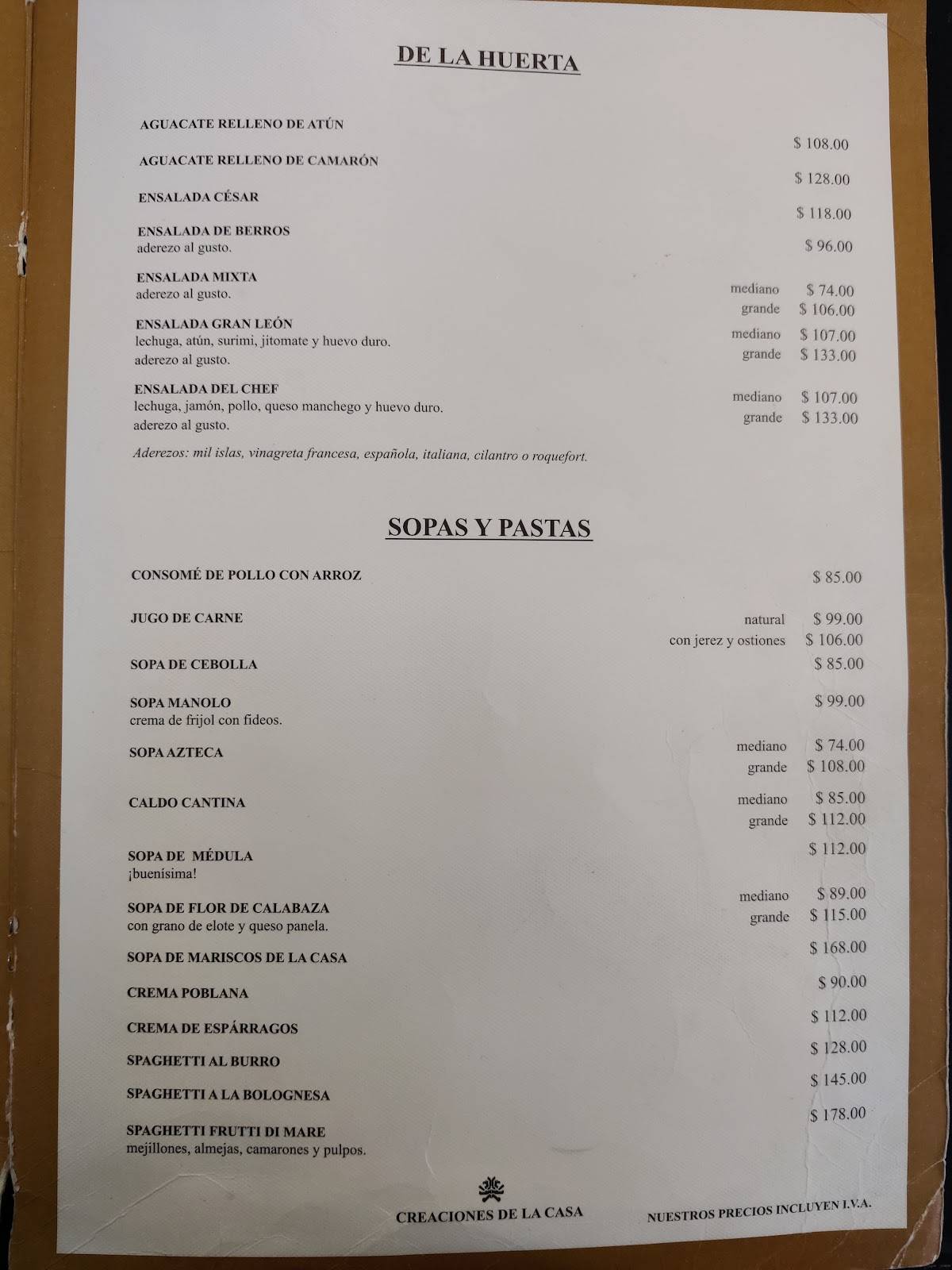 Carta del restaurante El Gran León del Oro, Ciudad del México, C ...