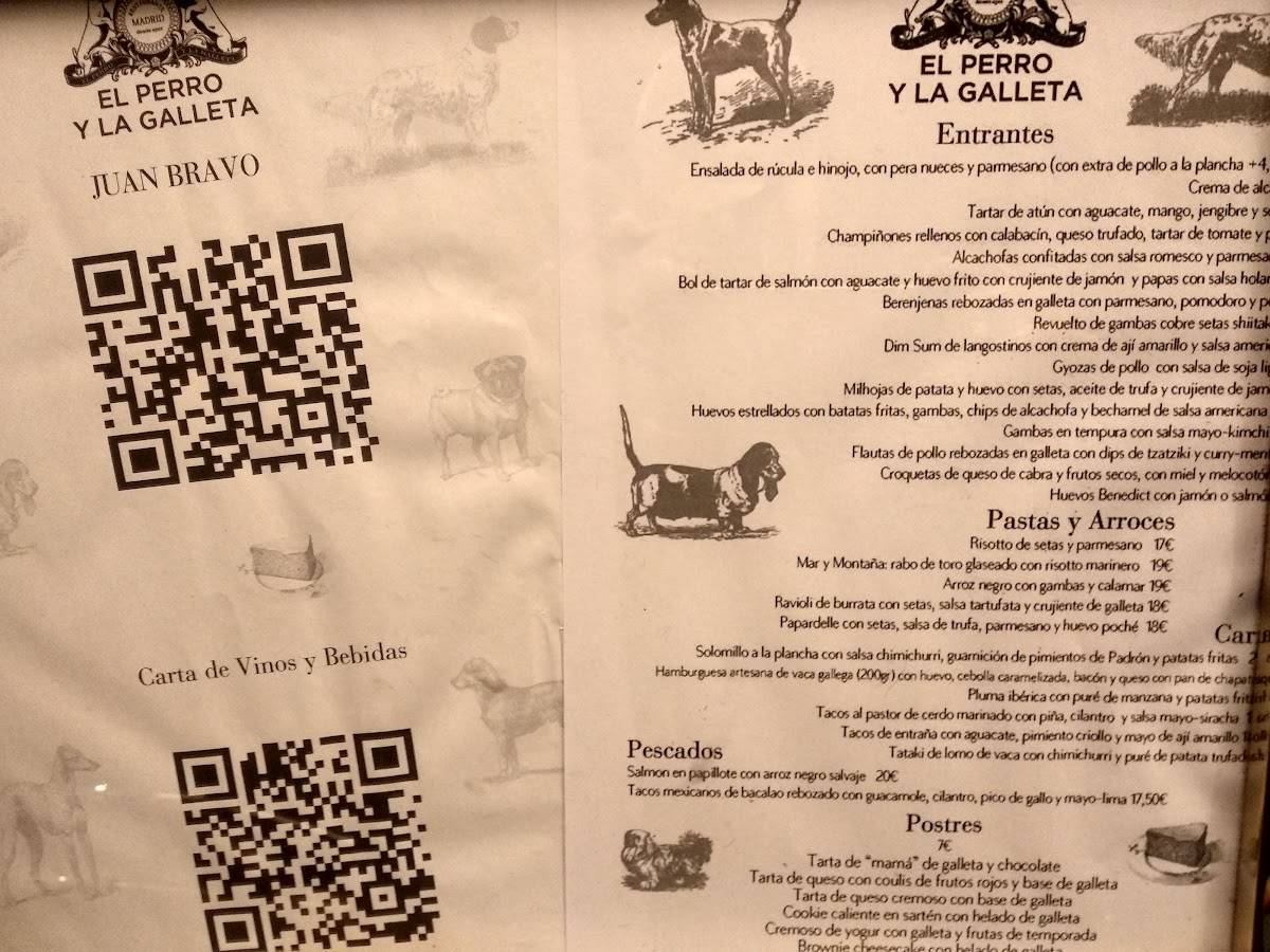 Carta del restaurante El Perro y la Galleta Juan Bravo, Madrid