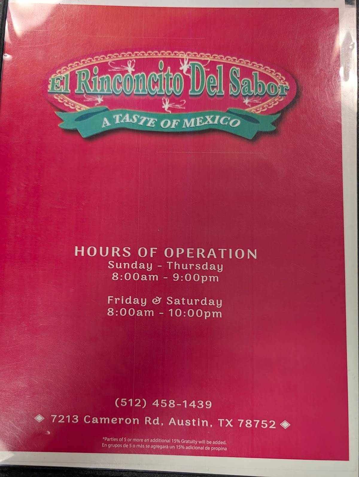 Menu at El Rinconcito Del Sabor restaurant, Austin