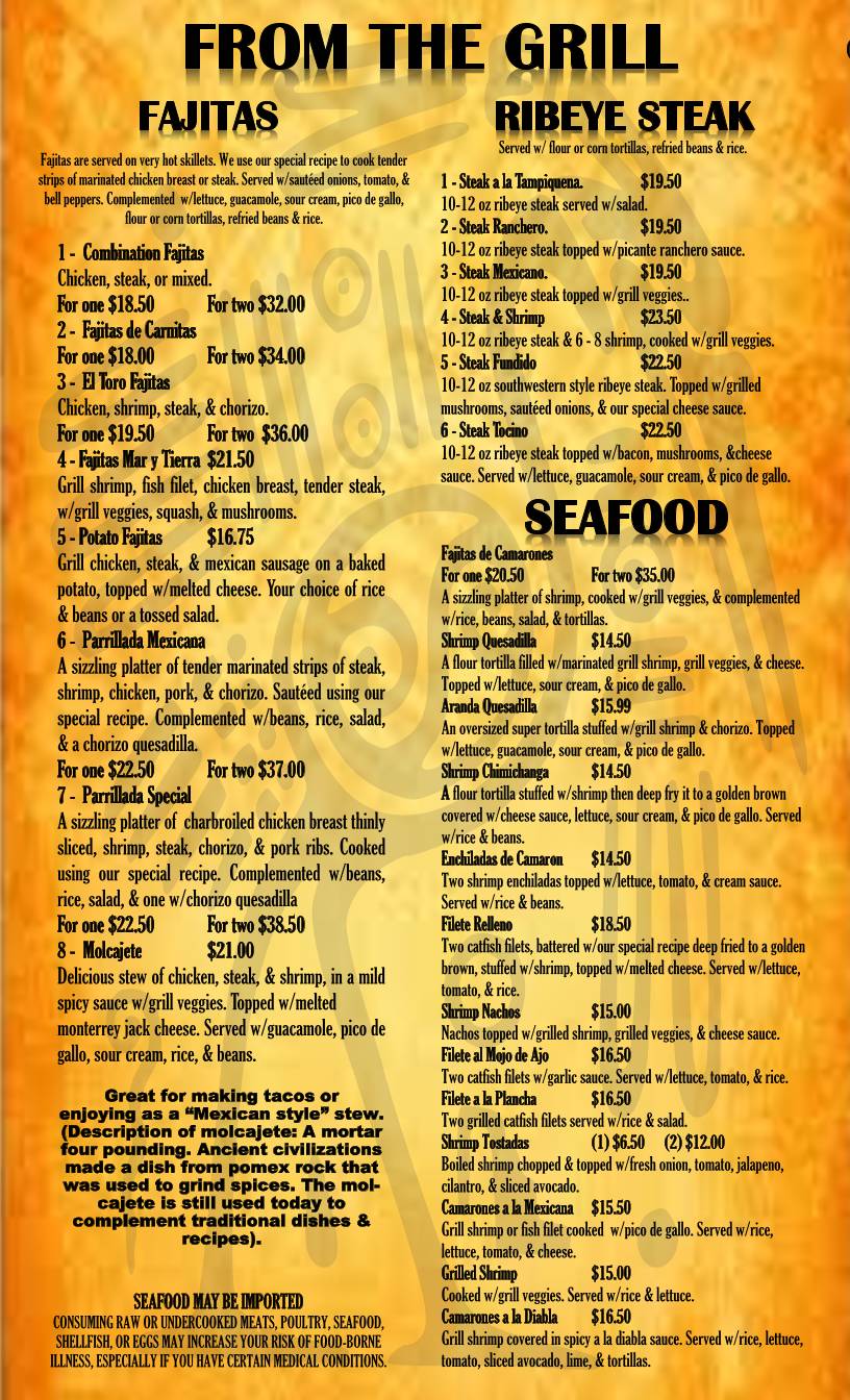 Menu at El Toro restaurant, Dumas