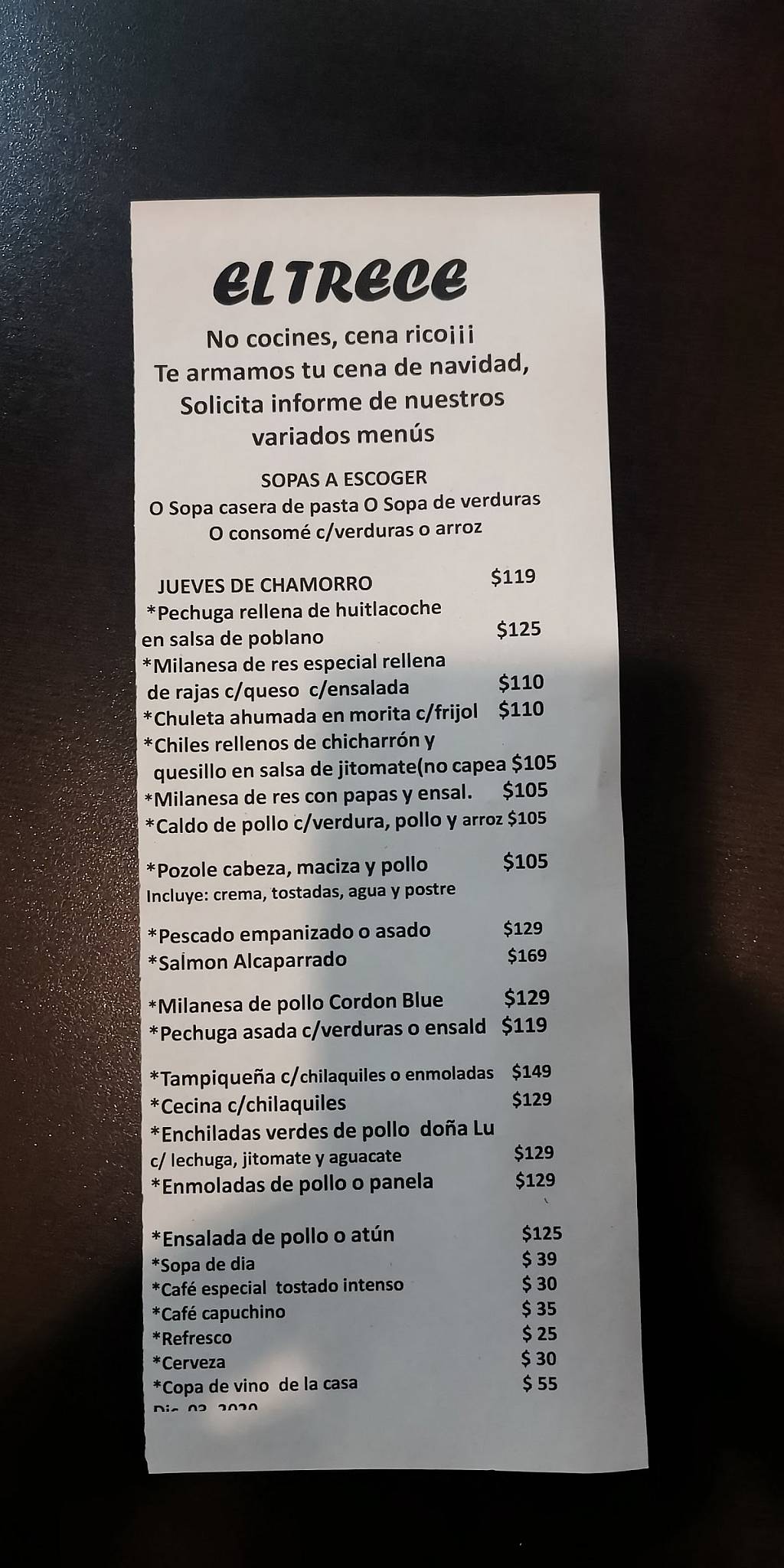 Carta del restaurante El Trece, Ciudad del México, Río Guadiana 18