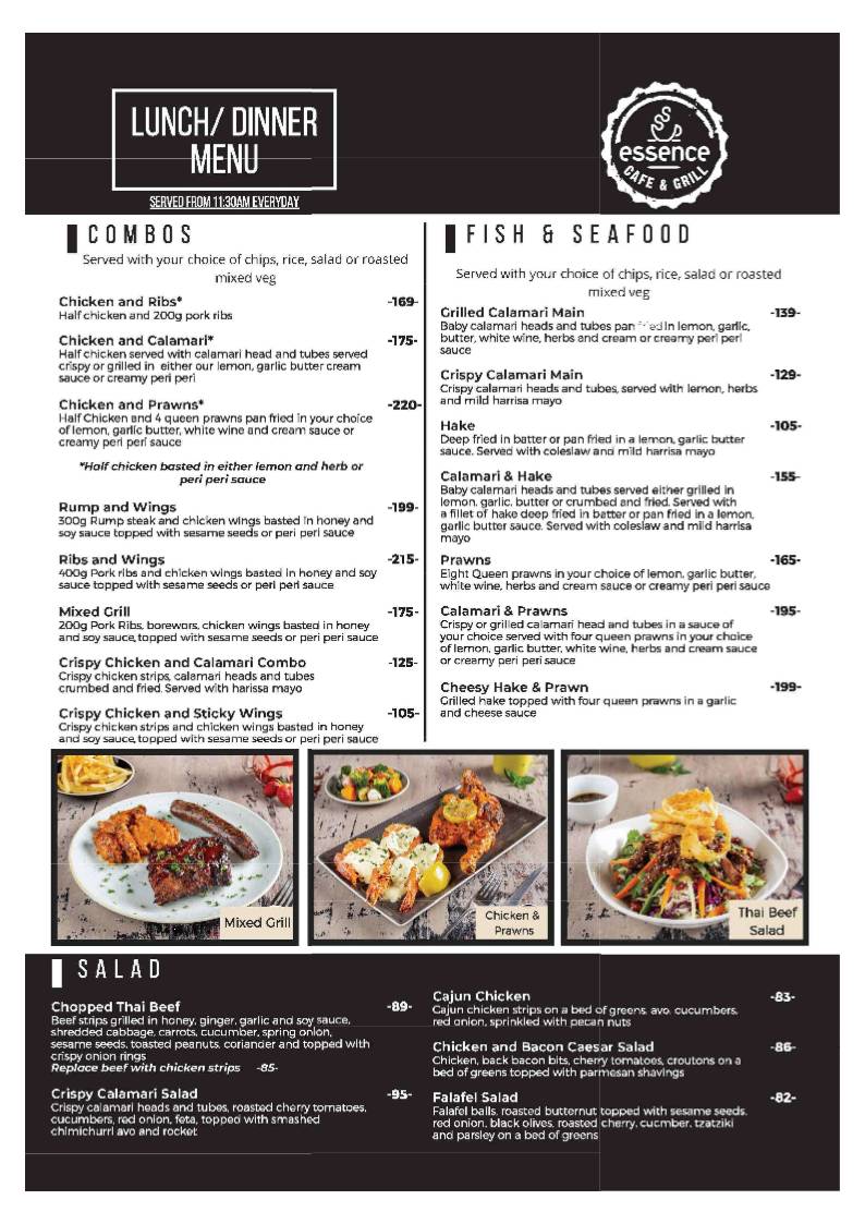 Menu at Essence. restaurant, Pietermaritzburg