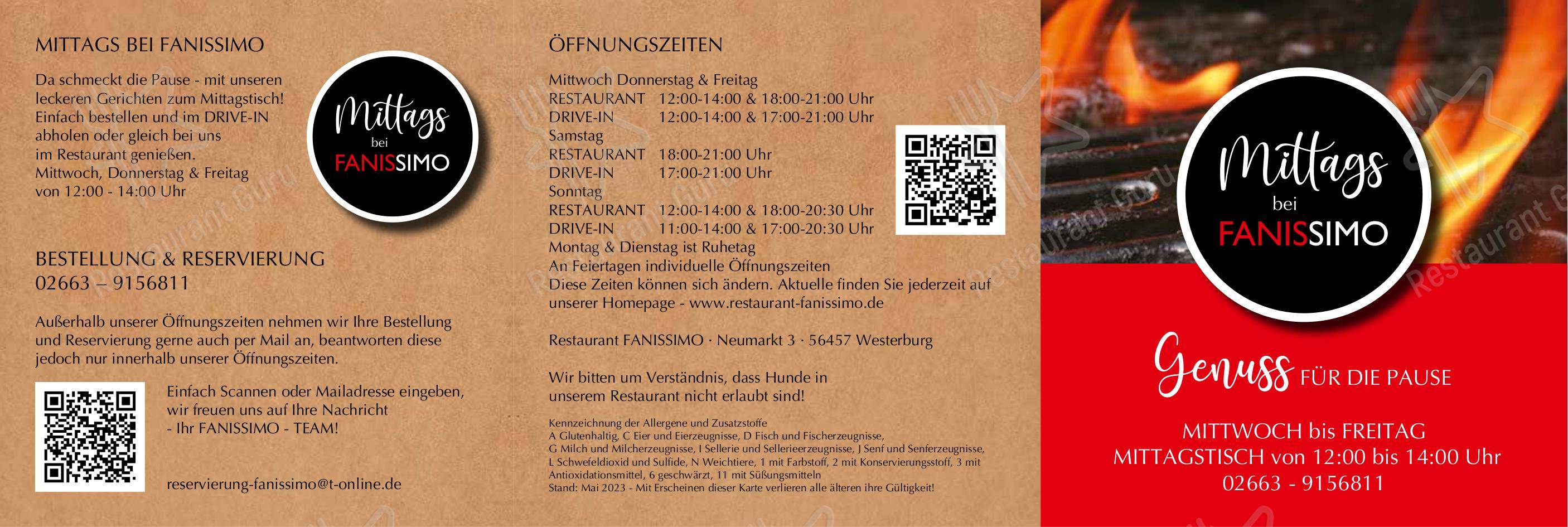 Speisekarte von Fanissimo restaurant, Ransbach-Baumbach