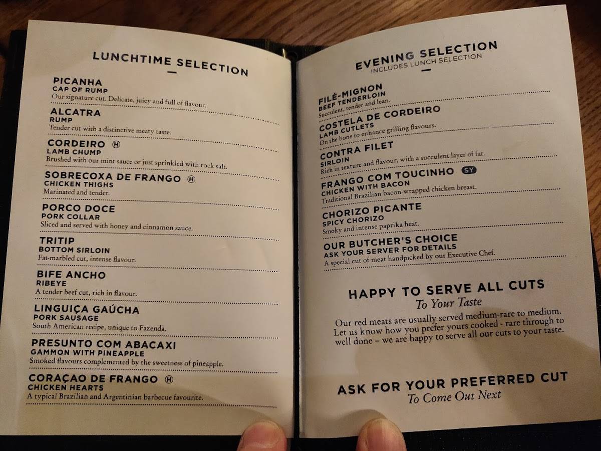 Menu at Fazenda Rodizio Bar & Grill, Edinburgh