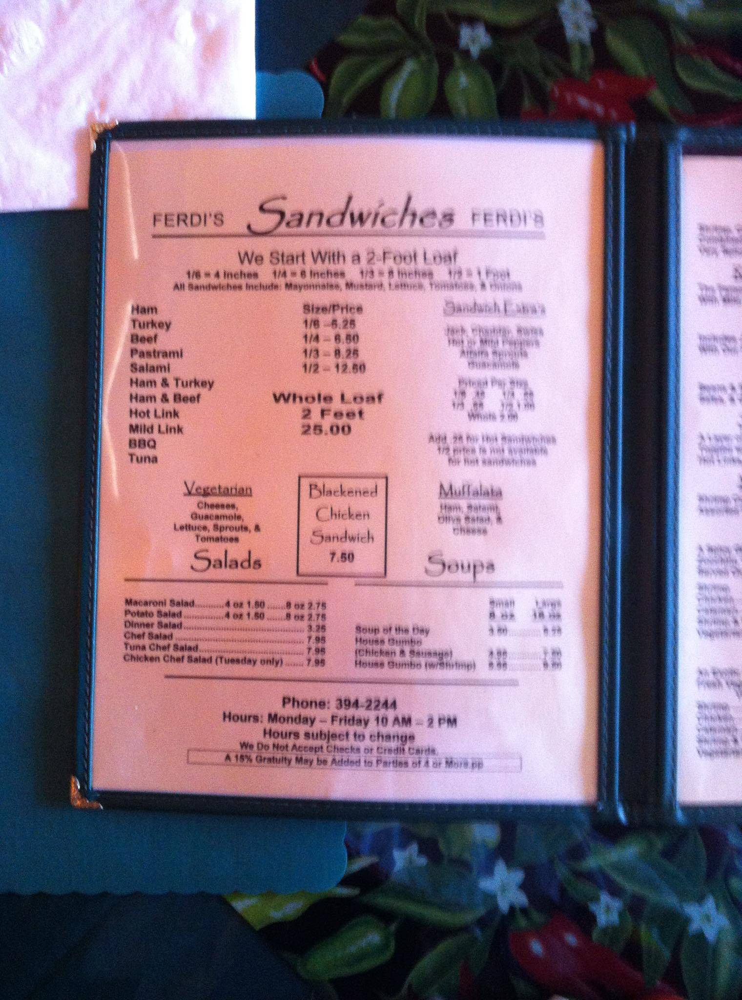 Menu at Ferdi's Creole Restaurant, Seaside