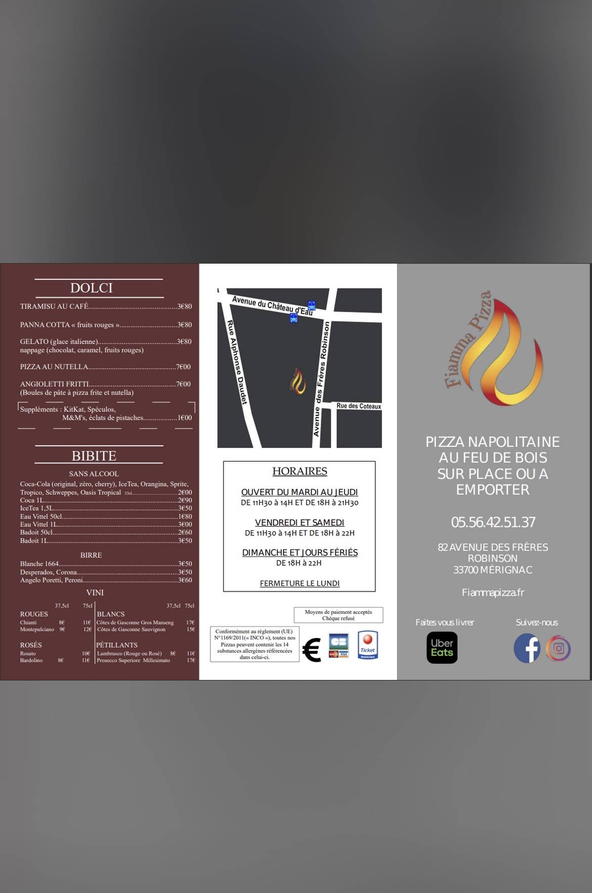 Menu au Fiamma Pizza restaurant, Mérignac, 82 Av. des Frères Robinson
