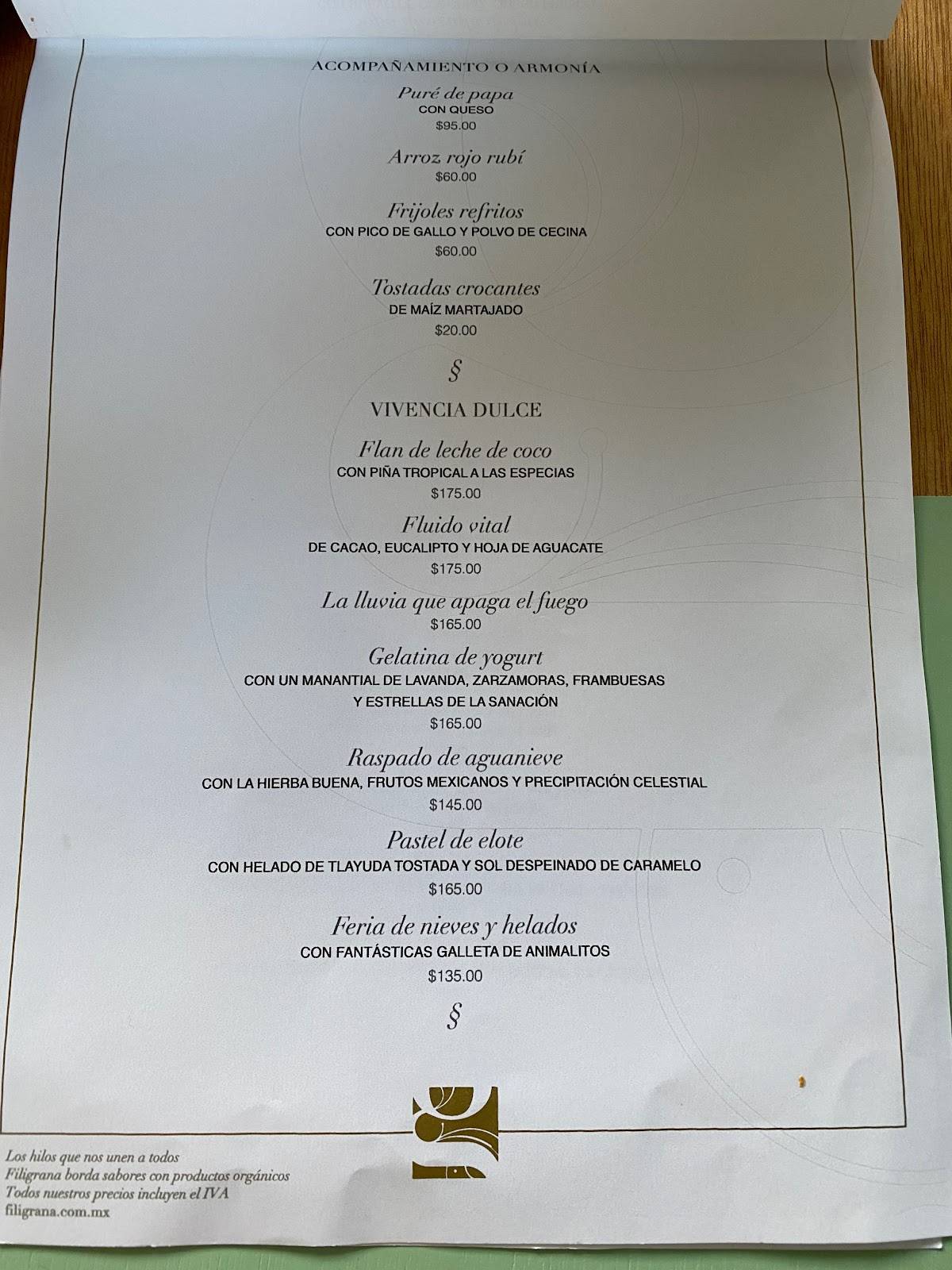Carta del restaurante Filigrana, Ciudad del México, Av. Veracruz 62