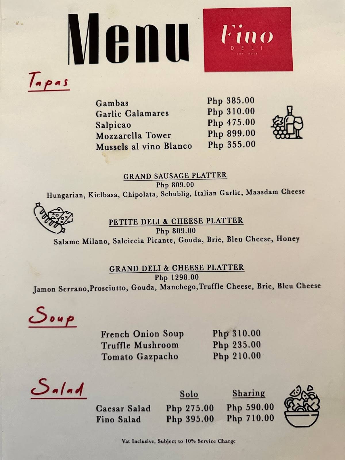 Menu at Fino Deli restaurant, Marikina