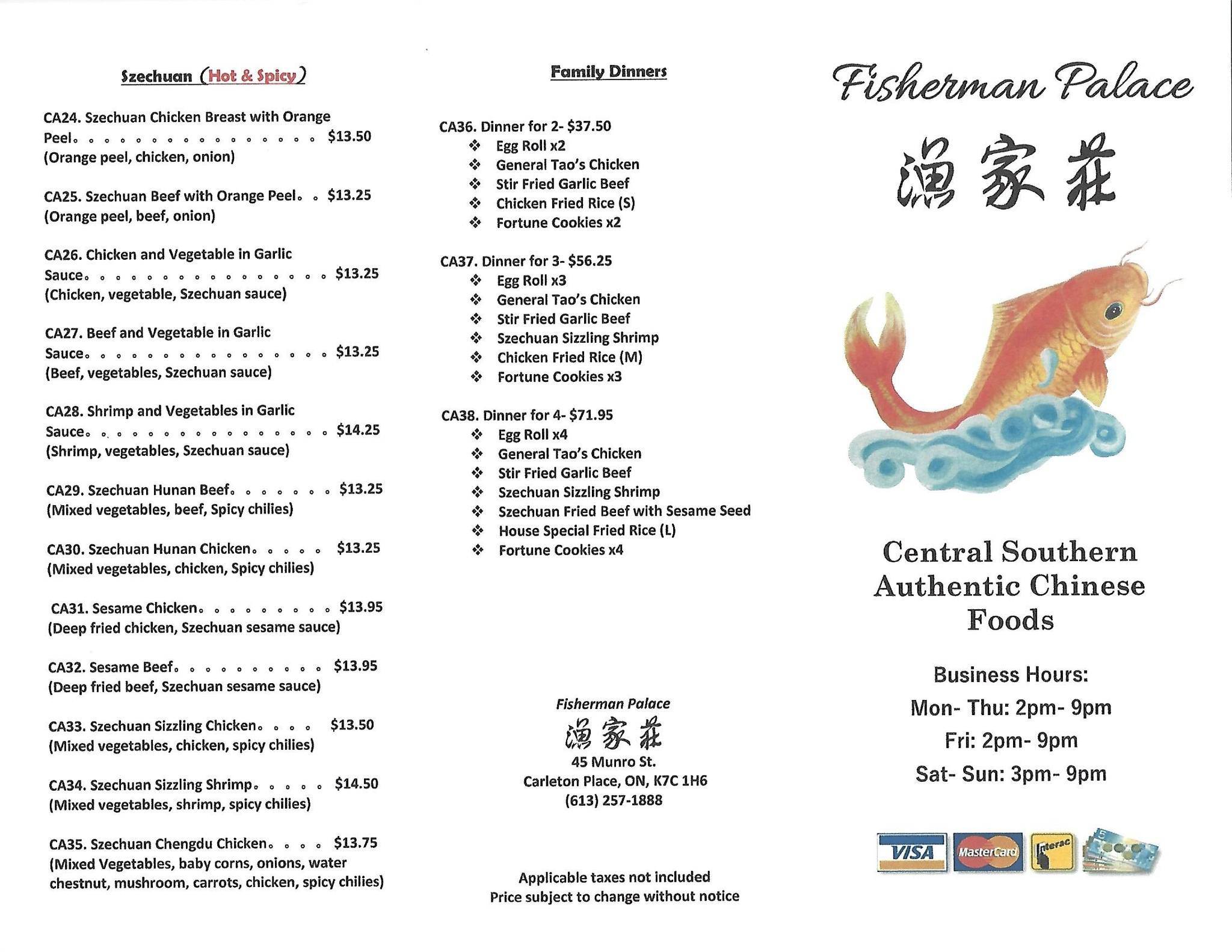 Menu at Fisherman Palace restaurant, Carleton Place