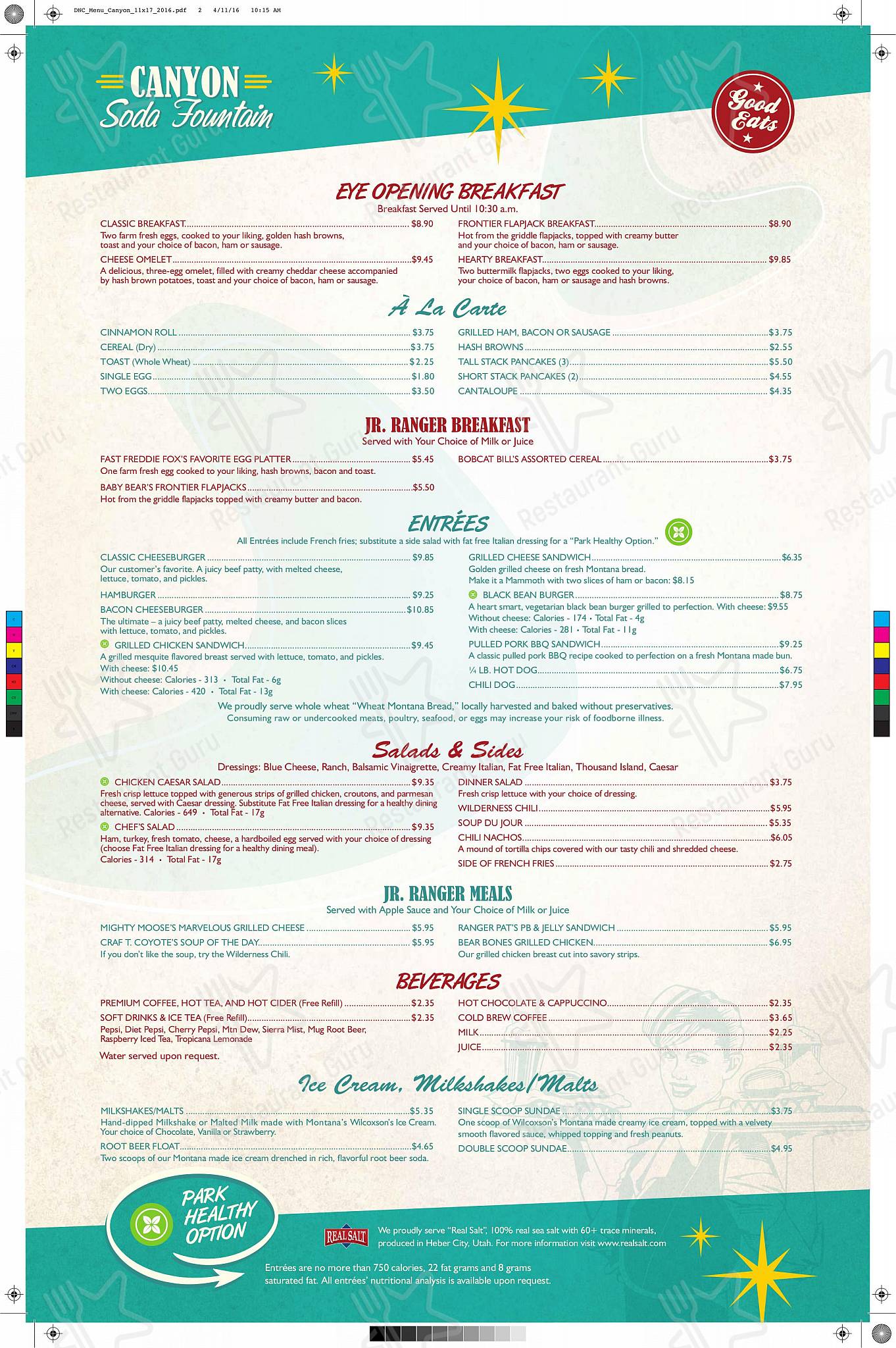 Menu at Fishing Bridge General Store restaurant, USA