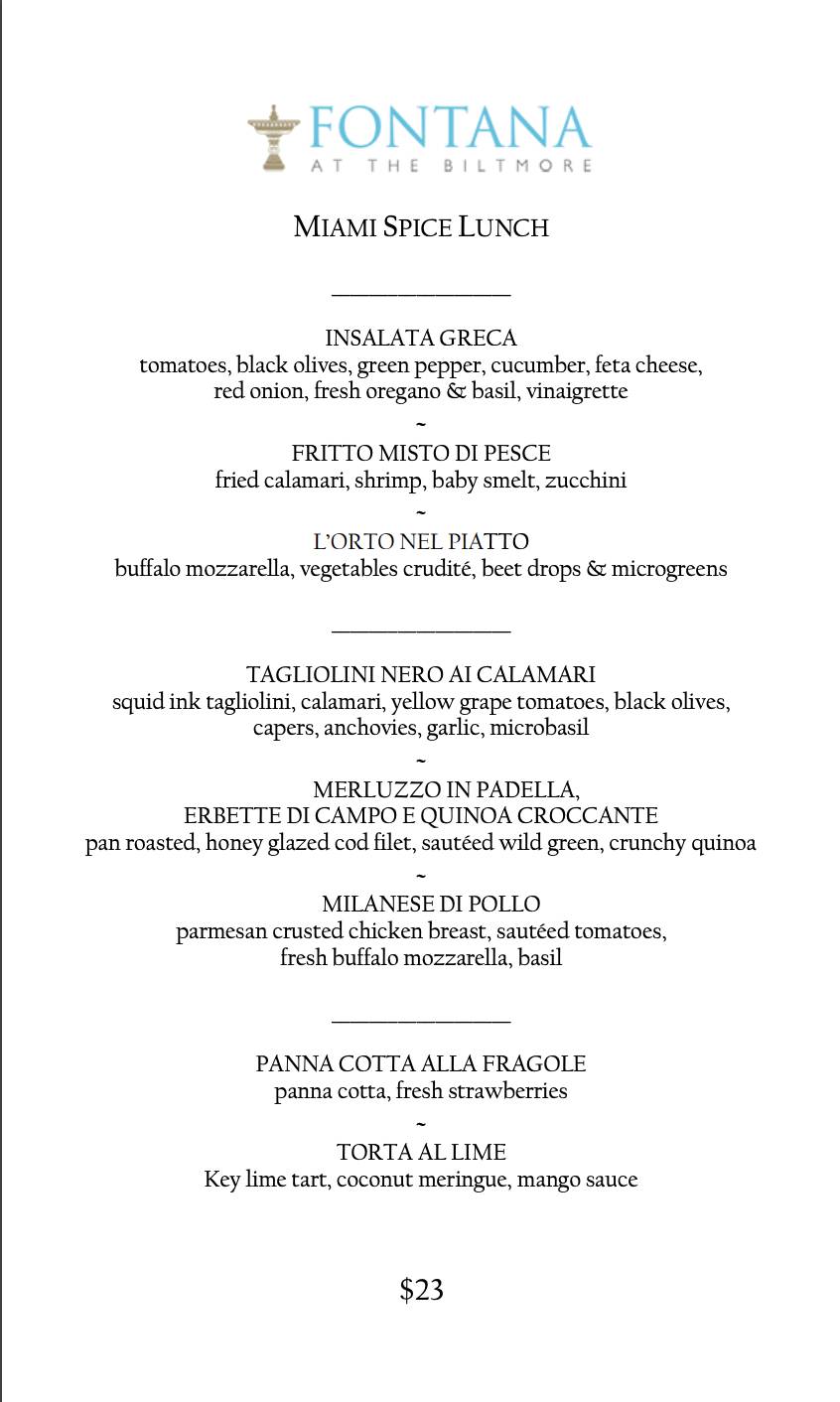 Menu at Fontana Italian Biltmore Hotel Miami restaurant, Coral Gables