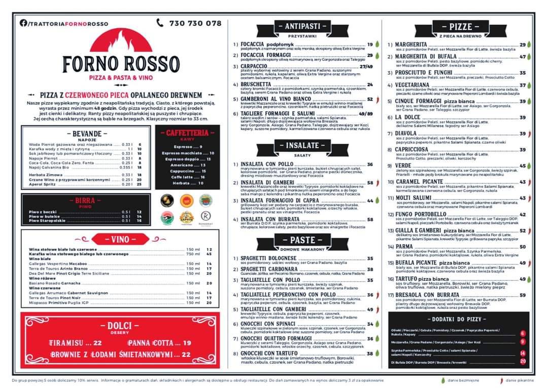 Menu at Forno Rosso restaurant, Nadarzyn