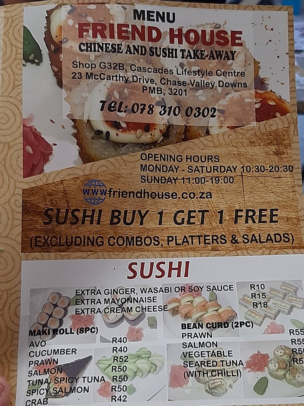 Menu at Friend House, Cascades restaurant, Pietermaritzburg