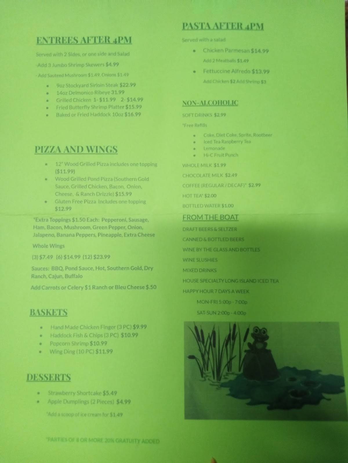 Menu at Frog Pond Restaurant, Canadohta Lake, Circuit Dr
