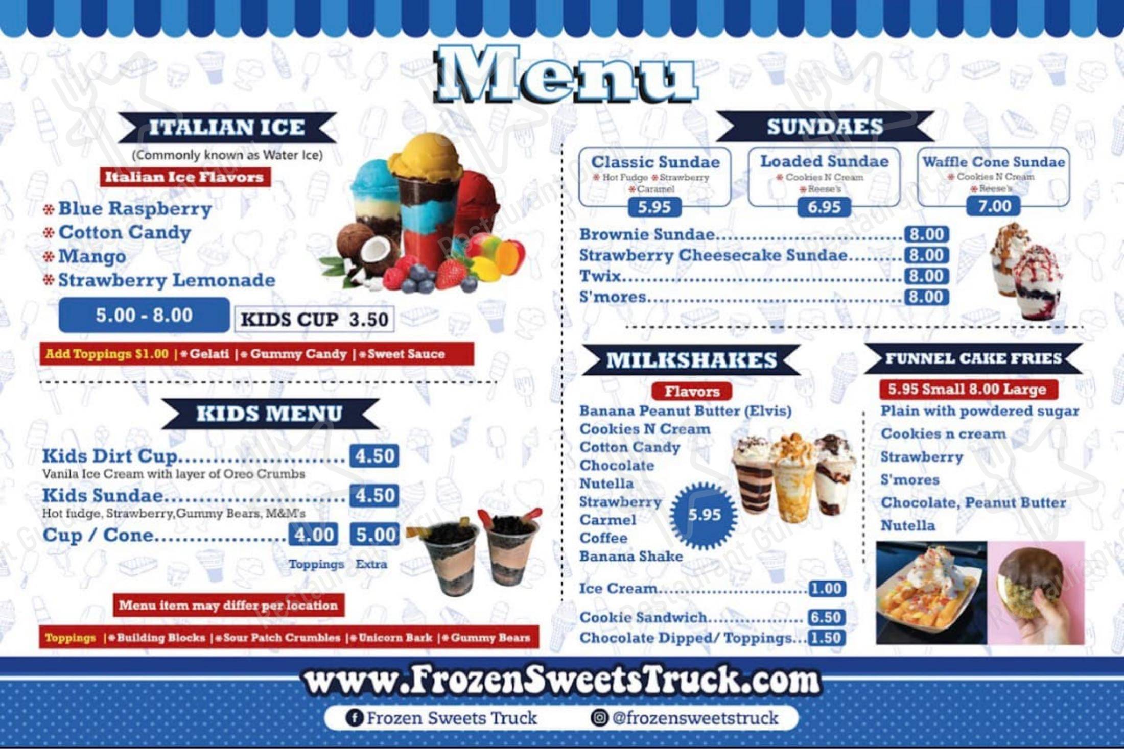 Menu at Frozen Sweets Truck, Jacksonville, Westside