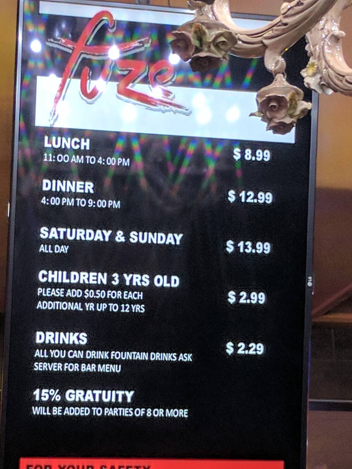 Menu at Fuze Buffet & Bar, Oklahoma City