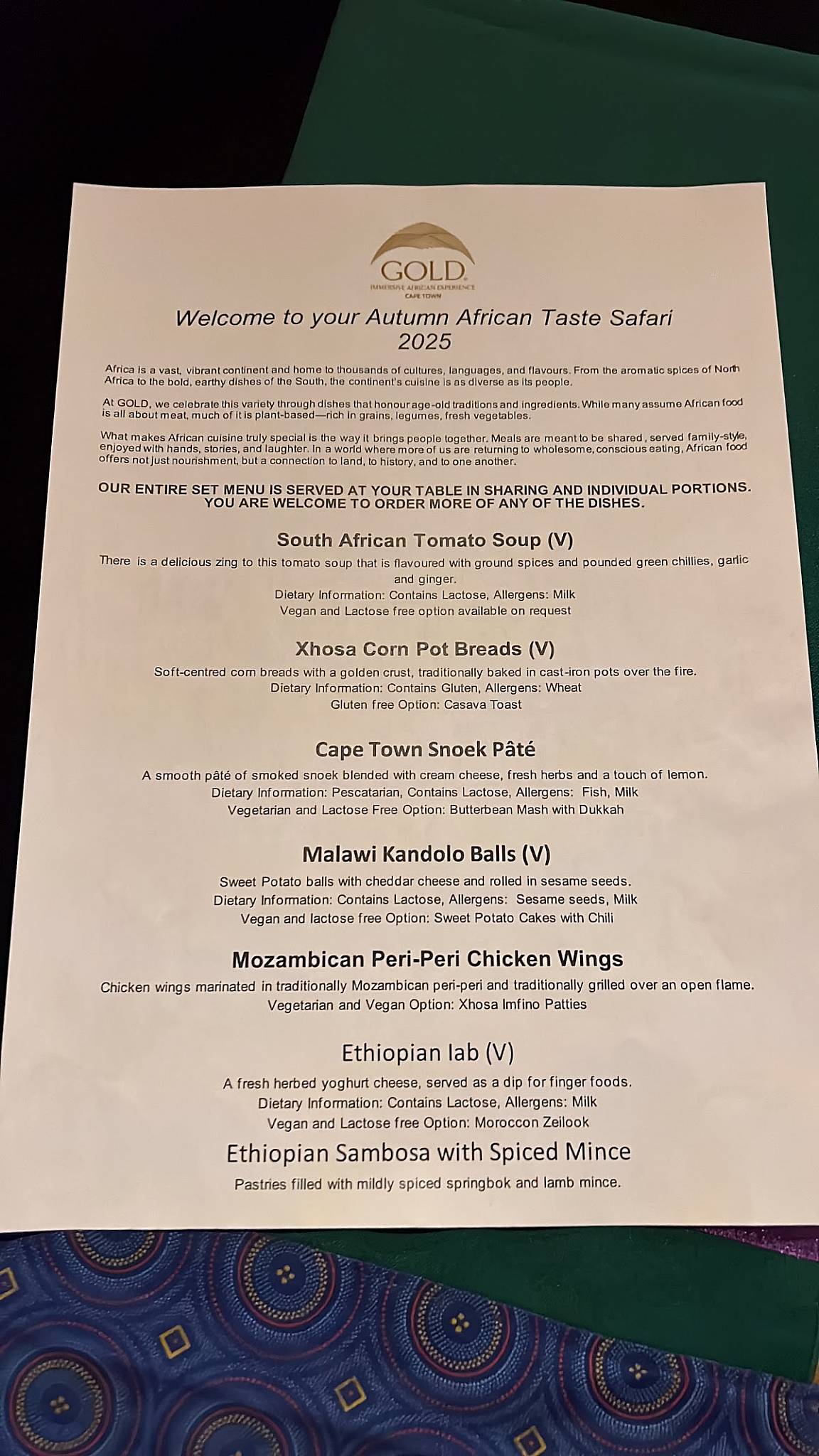 Menu at GOLD Restaurant, Cape Town, 15 Bennett St